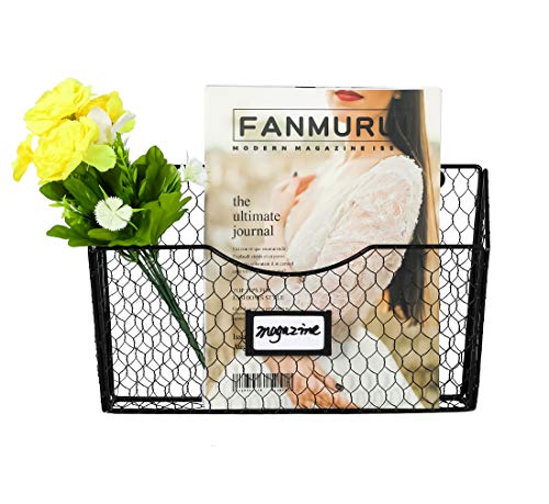 PAG 3 Pockets Hanging File Holder Wall Mount Mail Organizer Metal Chicken Wire Magazine Rack with Tag Slot, Black
