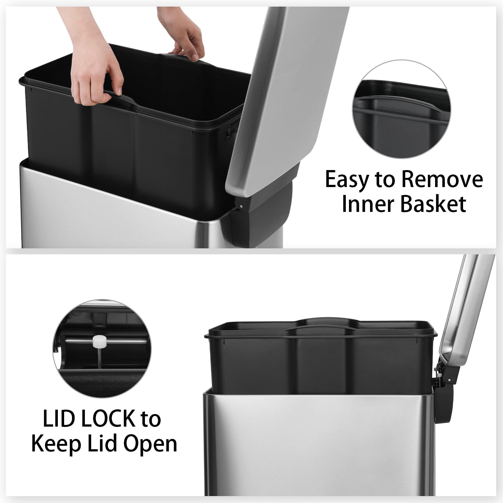 Arlopu 13.2 Gal Slim Kitchen Trash Can with Lid, 50L Stainless Steel Garbage Can, Large Kitchen Rubbish Can, Step Trash Bin w/Foot Pedal and Inner Bucket, Bathroom Trash Can Airtight,Silver