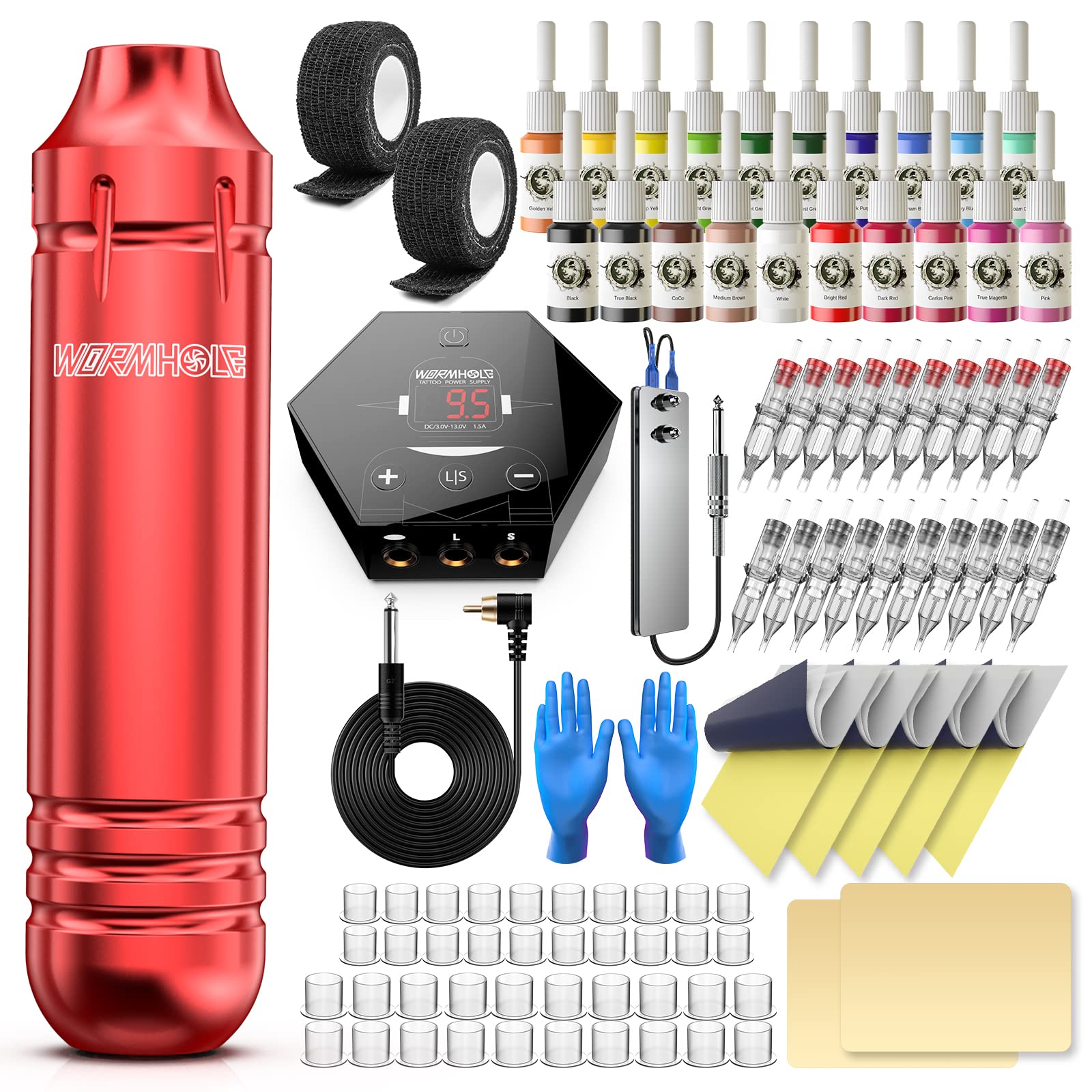 Wormhole Tattoo Kit Tattoo Gun Kit Tattoo Machine Kit for Beginners Tattoo Gun 20 Color Inks Power Supply Tattoo Pen Kit Red