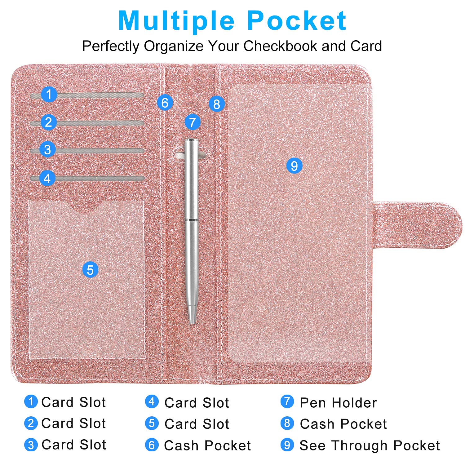 ACdream Checkbook Cover, Leather RFID Blocking Check Book Wallet, Protective Premium Business and Personal Duplicate Checks Holder, with Credit Card Slots for Women Men, Glitter Rose