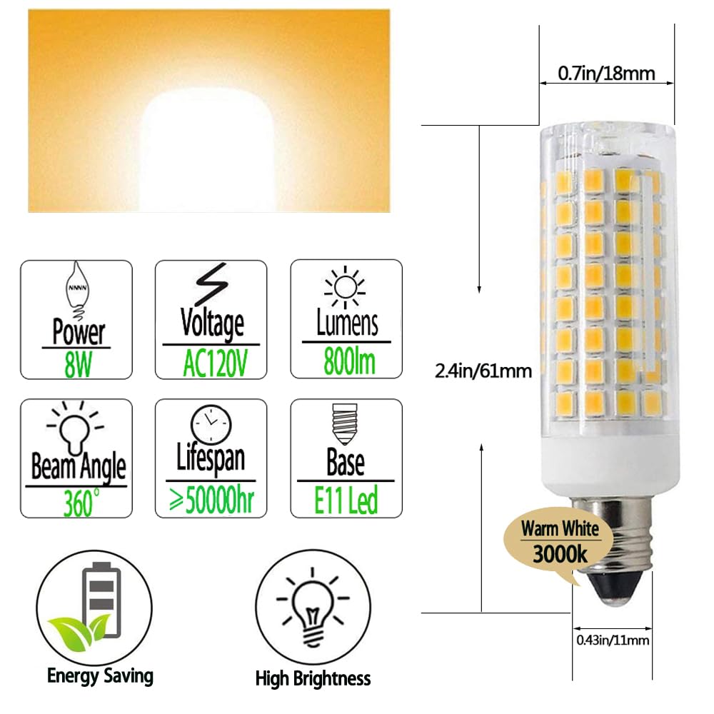 HXMLIHB E11 LED Bulb,JD T3/T4 E11 Mini Candelabra Base,8W Dimmable,80W Halogen Bulb Replacement,800LM,AC110V-130V,Warm White 3000K for Indoor Decorative Lighting(Pack of 2)