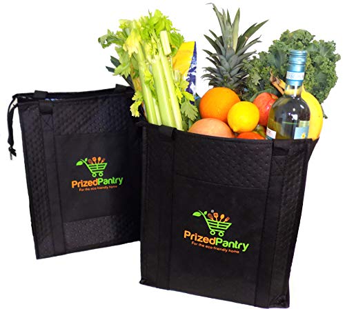 Prized Pantry 2 Pack Insulated Reusable Grocery Bags, X-Large Heavy Duty Cooler Tote Bags, Premium Insulation, Bottom Support, Wrap-Around Handles, Front Pocket, Zipper, No Leak, Keeps Food Hot/Cold