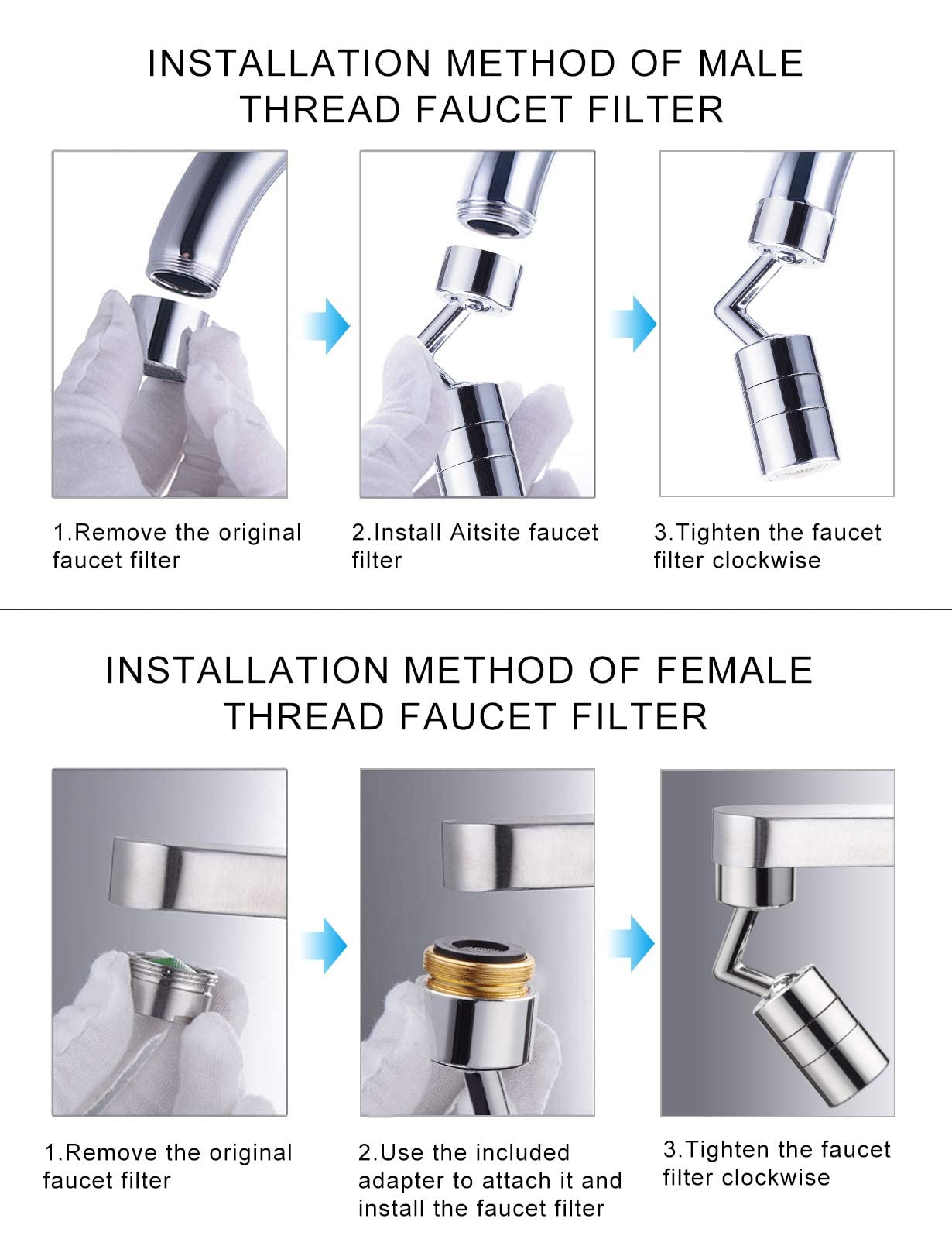 Aitsite Universal Splash Filter Faucet, 720° Rotatable Faucet Sprayer Head, Anti-Splash, Oxygen-Enriched Foam, 4-Layer Net Filter, Leakproof Double O-Ring Applicable Internal Thread 22-24mm