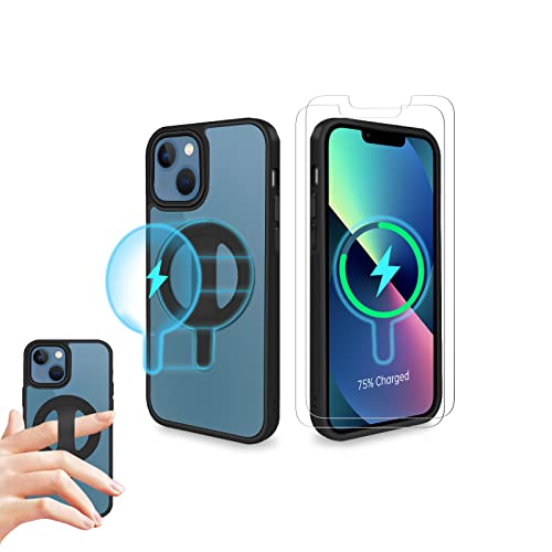 AZALEE iPhone 13 with Silicone Phone Grip, 6.1" iPhone 13 Shockproof Protective Case with 2 Screen Protector Anti-Fall Protective Slim Phone Cover Compatible with MagSafe,Black