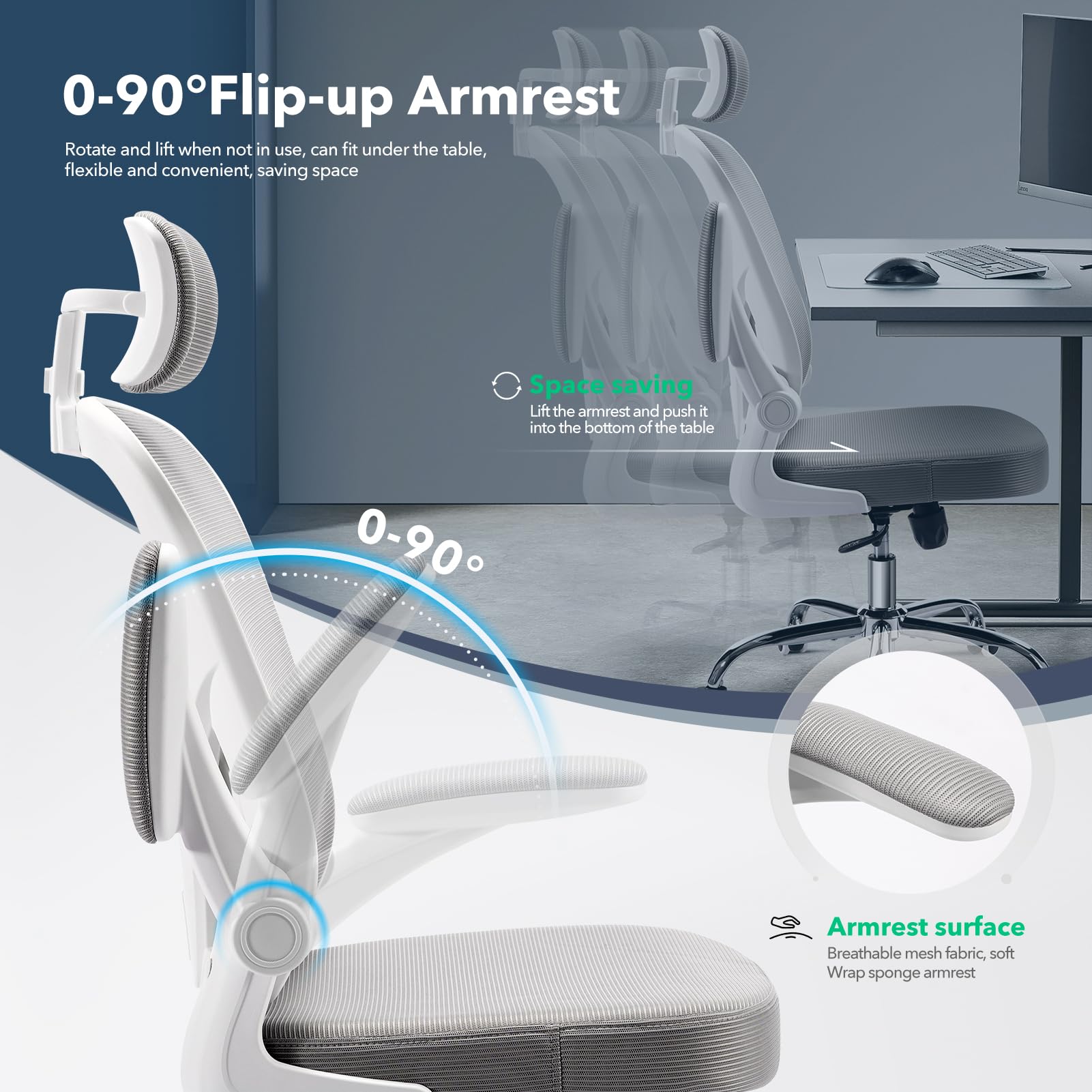 ACCHAR Ergonomic Office Desk Chair, Computer Mesh Home Task Chair, Swivel Rolling Chair with Flip-up Arms, 4-Way Adjustable Lumbar Support and Headrest (Grey and White)