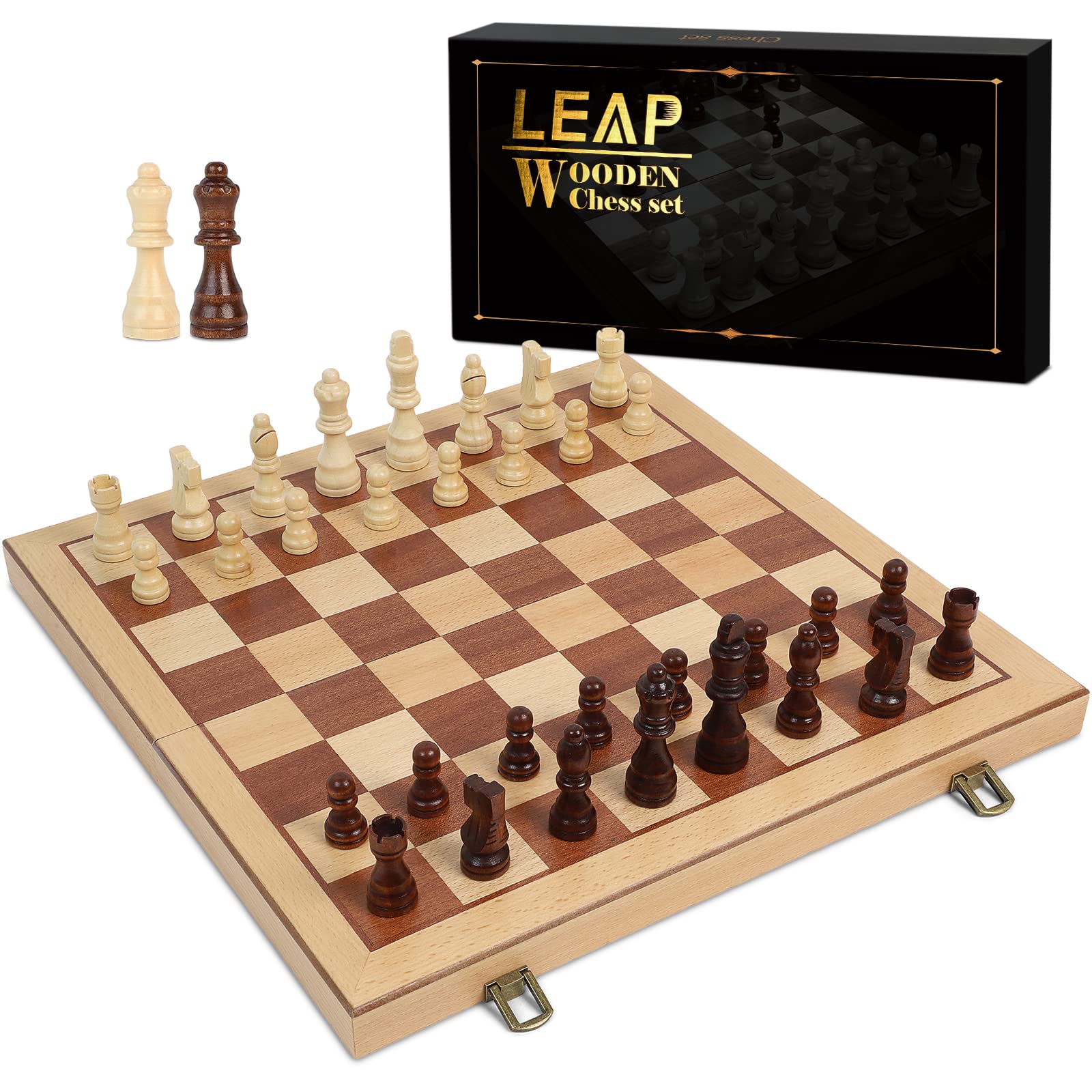 LEAP 15.5" Inches Wooden Chess Set - 2 Extra Queens - Folding Board, Handmade Portable Travel Chess Board Game Sets with Game Pieces Storage Slots - All Age Chess Set for Adults and Beginner