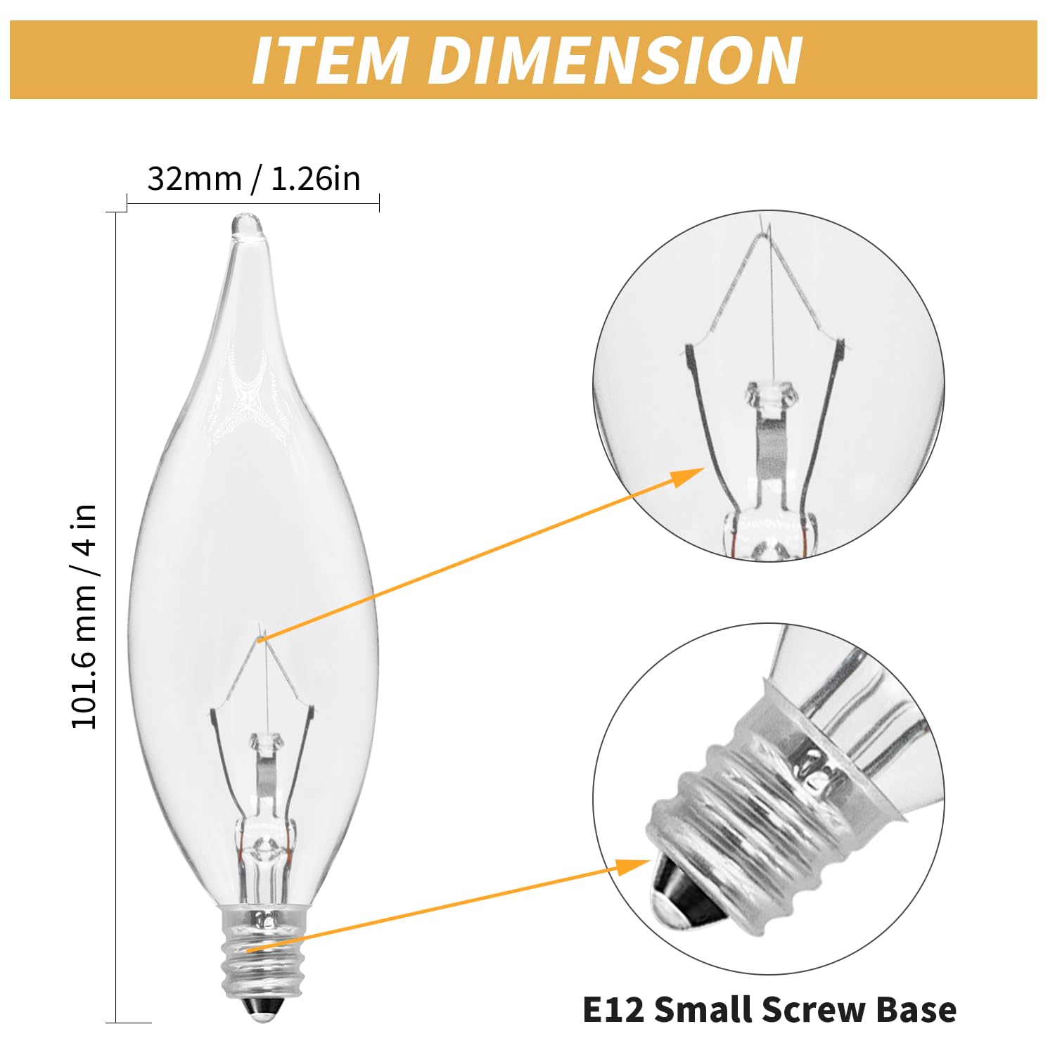CYLYT 12-Pack E12 Candle Light Bulbs 40W Warm White 2500K, 380 Lumen Dimmable Chandelier Light Bulbs for Ceiling Fan, Pendants or Outdoor, CA10 Clear Candelabra Base Bulbs