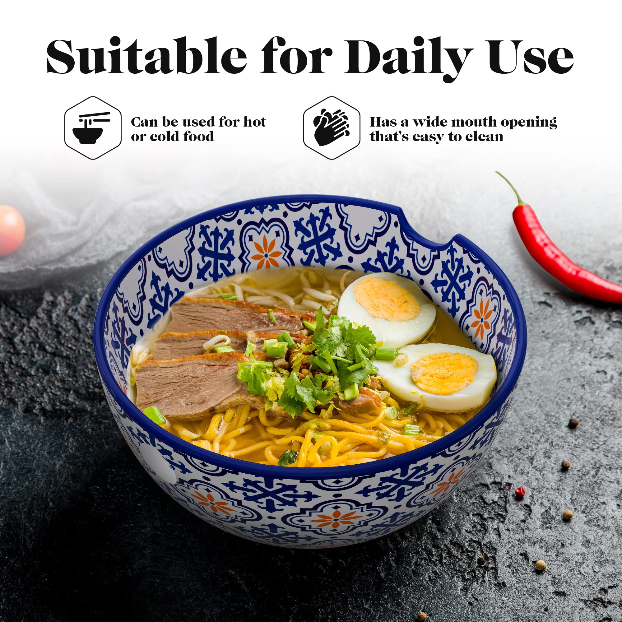 American Atelier Ramen Bowl with Chopsticks | Set of 2 | Soup Bowls for Kitchen | Udon Noodle Bowls with Chopsticks | Stoneware Soup Bowl | 6" Diameter (21 Oz) - Medallion Blue & Orange Design