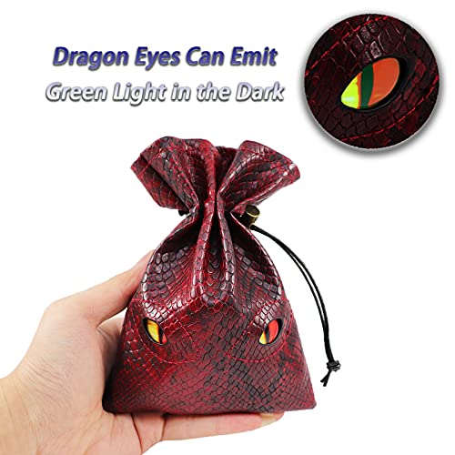 Dice Bag Can Hold 6 Dice Sets, Glow in The Dark Eyes Large Dragon D and D Dice Storage Bag for DND Board Games, Red Fiery Dragon Leather Coin Pouch for Fantasy RPG Games Accessories, Drawstring Pouch