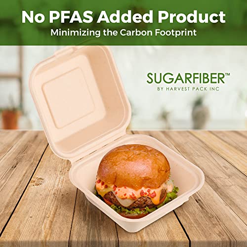 Harvest Pack GOURMET SHOWCASE [50 COUNT Sugarfiber 6 X 6 PFAS FREE Compostable Square Hinged Container, Single Compartment Clamshell Takeout Box, Made from Eco-Friendly Plant Fibers, No PFAS Added