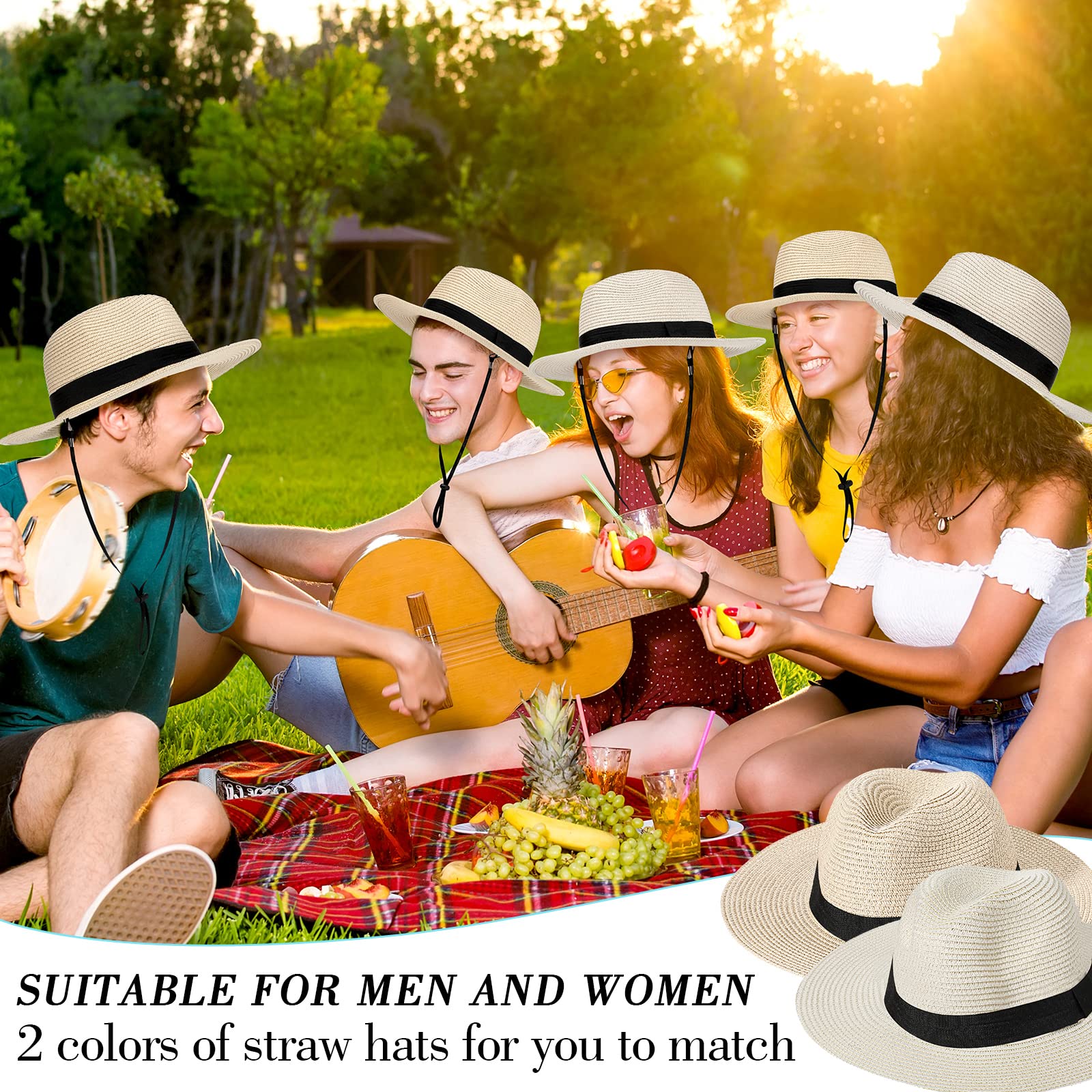 6 Pcs Panama Sun Hat Wide Brim Straw Hat with Wind Lanyard Sun Protection Foldable Beach Hat for Women Men Summer Travel Vacation