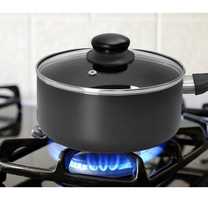 Bene Casa - Non-Stick Aluminum Saucepan with Lid - 2 Qt. Capacity - Oven and Dishwasher Safe - Cool Touch Handle
