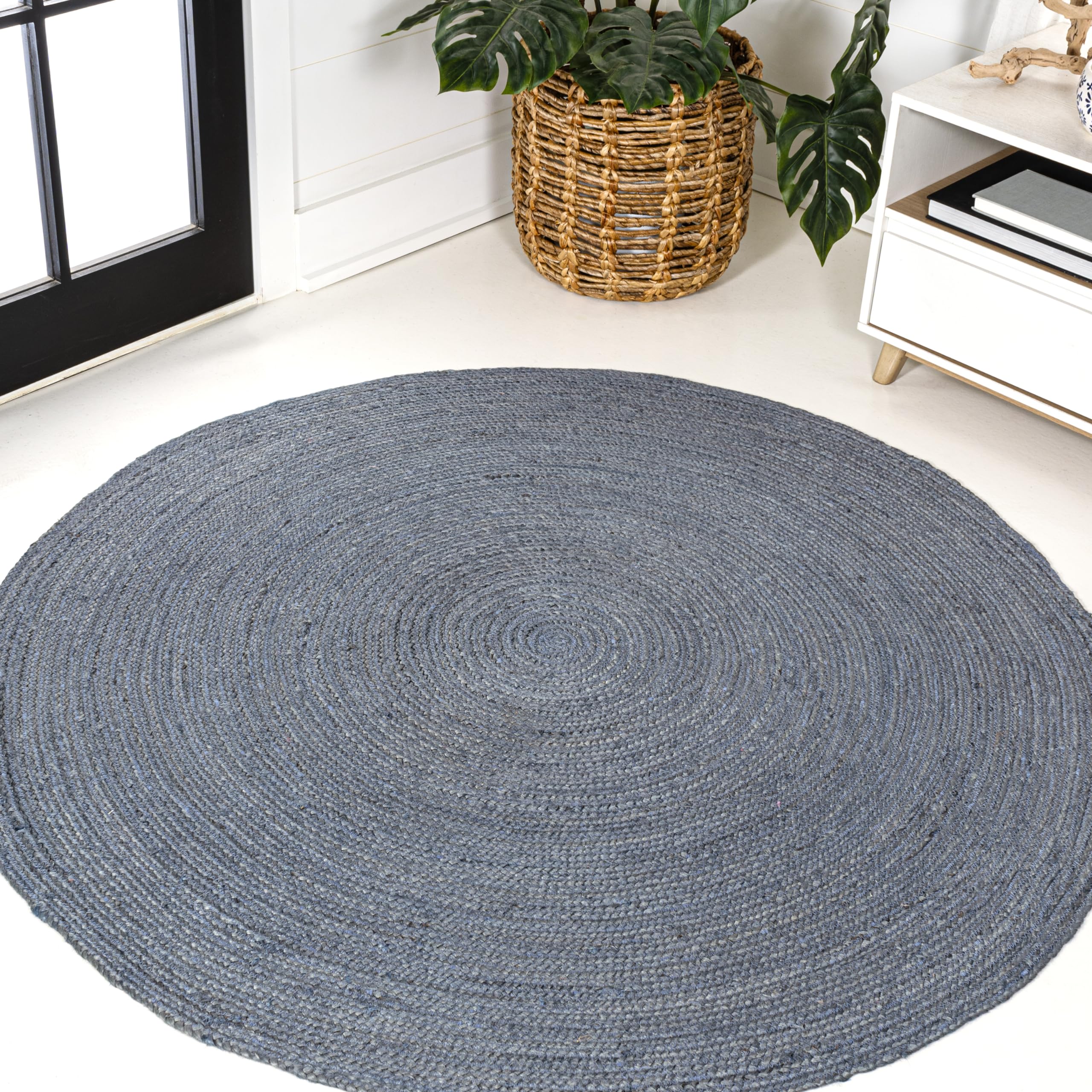 JONATHAN Y RNF116C-4R Zara Braided Coastal Cottage Round Jute Area Rug, Casual, Classic, Solid, Minimalist, Traditional for Living Room, Dining Room, Bedroom, Kitchen, Blue, 4' Round