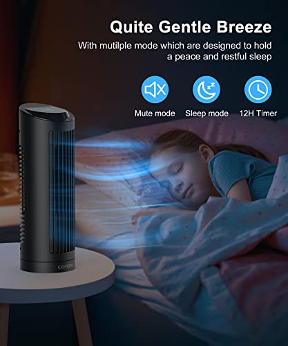 Cofeow Tower Fan for Bedroom, 20ft/s Quiet Cooling Fan, 70° Oscillating Floor Fan with Remote,Led Display,3 Speed Options,4 Modes,12Timer,13“ Bladeless Portable Table Fan for Bedroom Office Home Desk Black