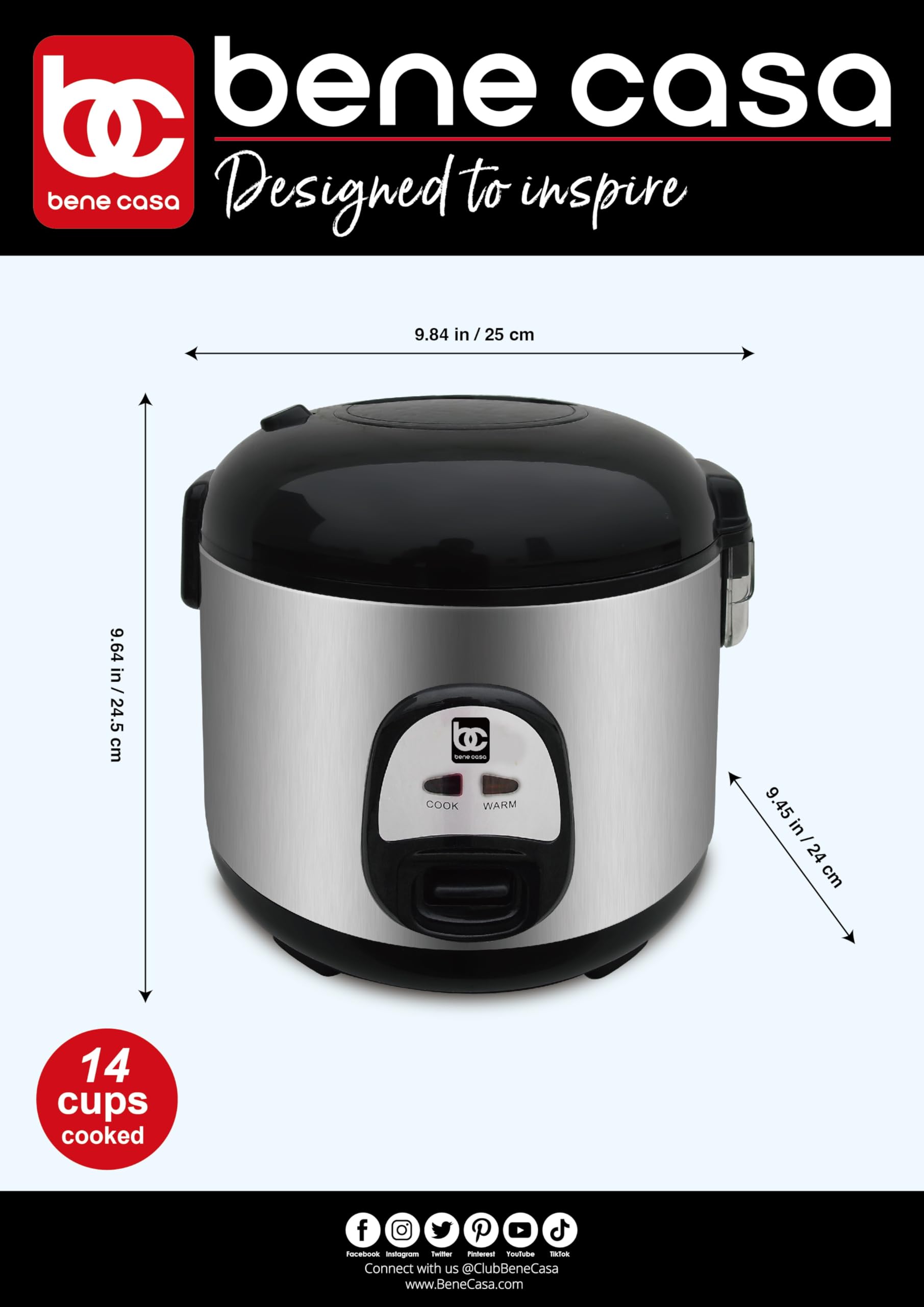 Bene Casa 7 cup stainless-steel thermo rice cooker, stainless steel and black design, cool touch rice cooker, simple operation, dishwasher safe.