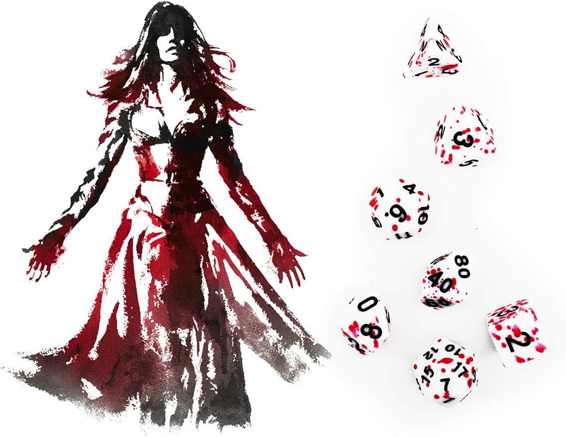 Dice Set, Blood Dice with Irregular Spray Red Dots Blood Splatter Polyhedral Role Playing Gaming Dice D20 Dice Dungeons and Dragons Dice Set of 7 (Red)