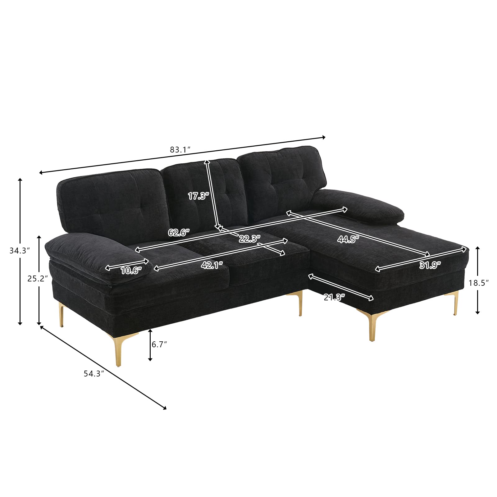 POULEII Sectional Sofa,Modern L-Shape Modular Sectional Sofa Sleeper Couch with Chenille Fabric and Gold-Plated Feet for Living Room, Apartment, Office,Black