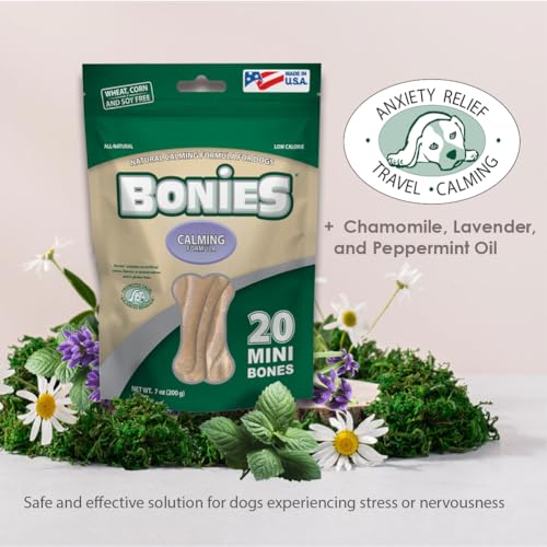 Bonies Natural Calming Formula Dog Treats, Contains Chamomile & Lavender, Help Anxiety, Excessive Barking & Trembling, Chicken Flavor, Medium, 8 Bones