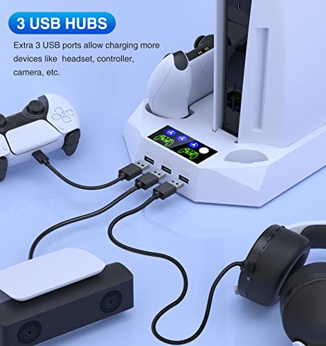 PS5 Stand with Cooling Station PS5 Controller Charging Station for Playstation 5 PS5 Console Disc/Digital Edition, PS5 Accessories-Cooler Fan/Remote Charger/Media&Headset Holder/3-USB Hub/Screw White