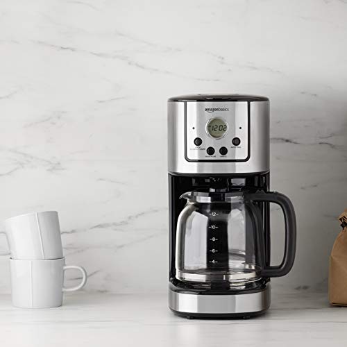 Amazon Basics Programmable Coffeemaker with Carafe and Reusable Filter, Stainless Steel, 12 Cups, Black