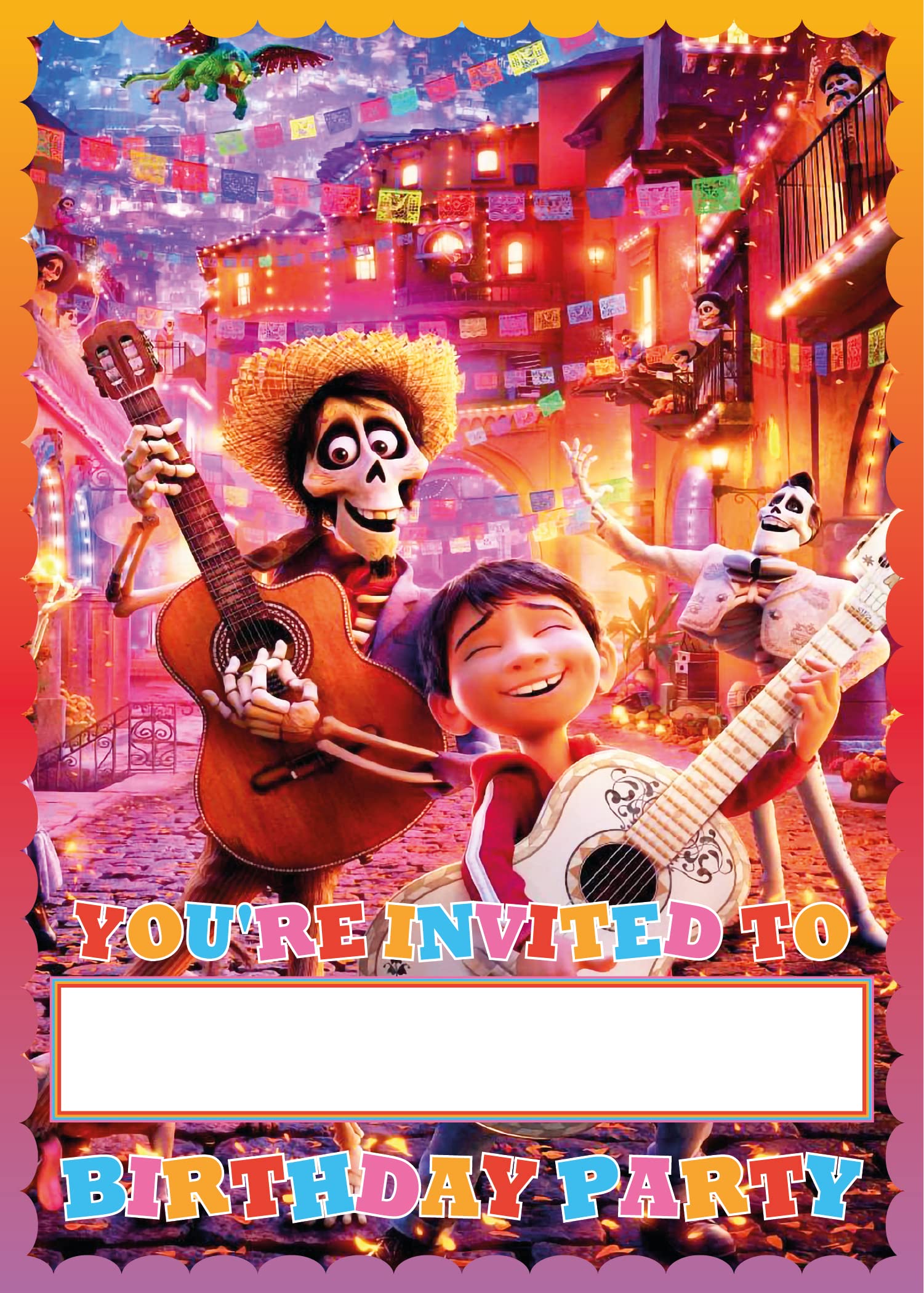 Set of 20 Coco -Themed Happy Birthday Invitation Cards & Envelopes - Lightweight (240g), Postcard Style Invites for the Perfect Party Pack