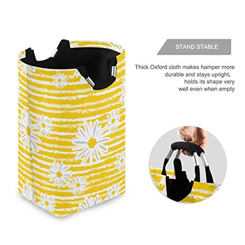 One Bear Flower Laundry Basket Cute Daisy Chamomiles Flowers Floral Yellow and White Stripes Foldable Large Laundry Hamper Bucket with Handles Collapsible Nursery Storage Bin for Kids Clothes Toy