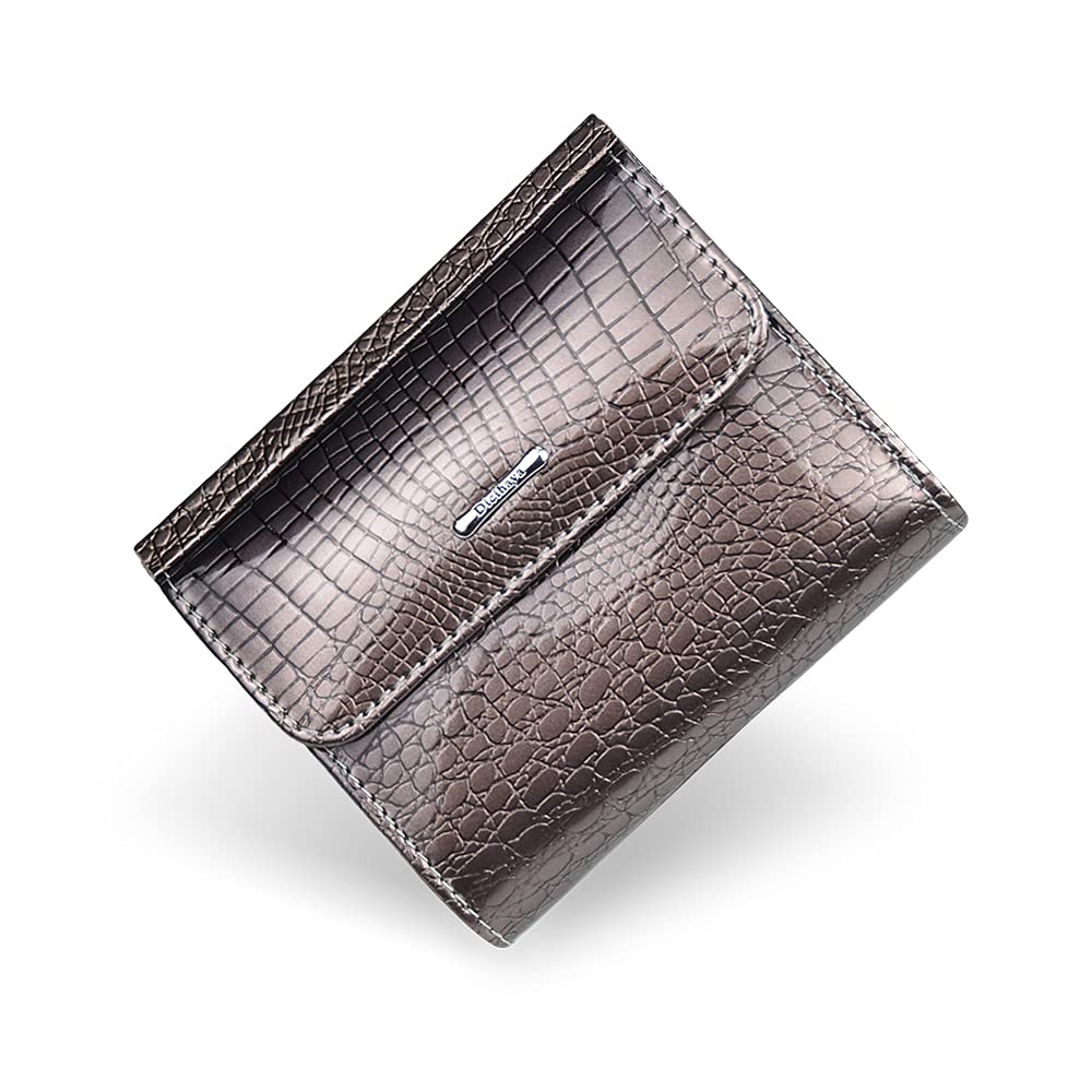Dicihaya Women Small Compact Bifold Genuine Leather Wallet Ladies Mini Purse with ID Window Coin Pocket (Silver)