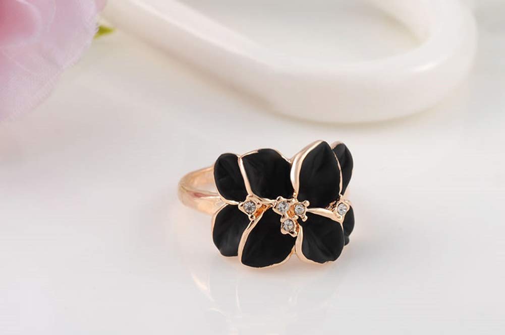 ACEFEEL Rose Gold Plated AAA Zircon Crystal Luxurious Black Enamel Flower Design Cocktail Ring Size 8