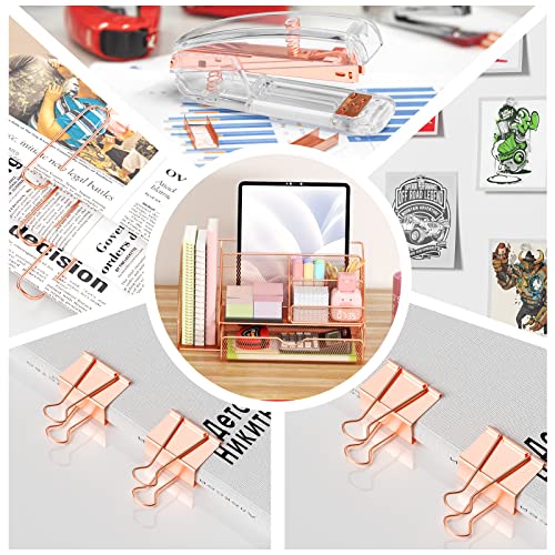 MooManGoo Rose Gold Office Desk Organizers and Accessories with Sliding Drawer, Pen Holder, Stapler, 6 Compartments +72 Clips Set, Office Supplies Mesh Desktop File Organizer for Women Home School