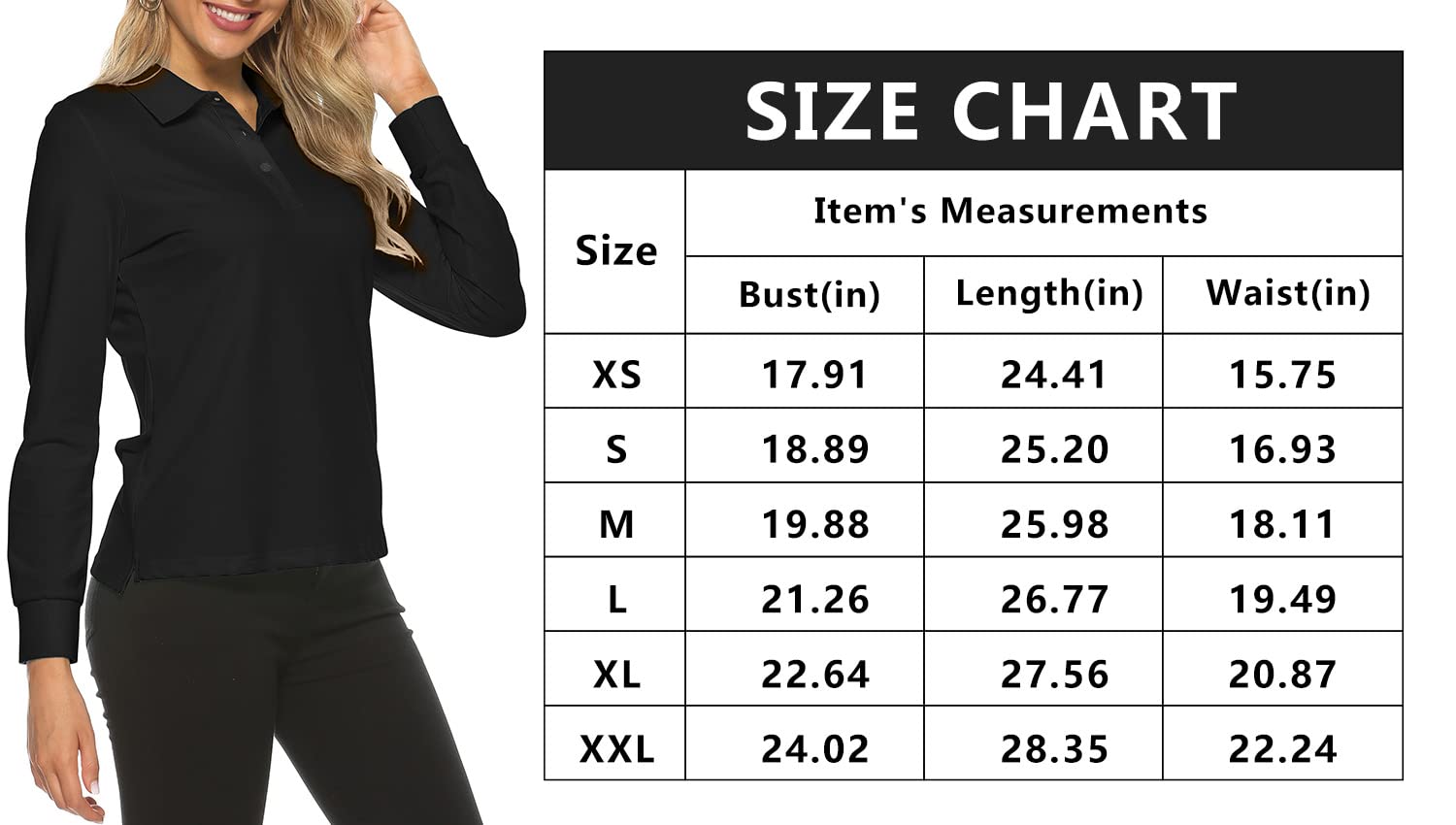 AjezMax Womens Golf Tennis Polo Shirts Long Sleeve Sun Protection Quick Dry Lightweight Casual Button Sports Athletic Tops Black Large