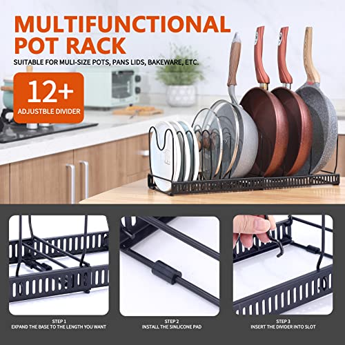 AJSWISH Pots and Pans Organizer, Expandable Pot Organizer Rack for Cabinet, Pot Lid Organizer Holder with 12 Adjustable Compartments for Kitchen Cabinet Cookware Baking, Black