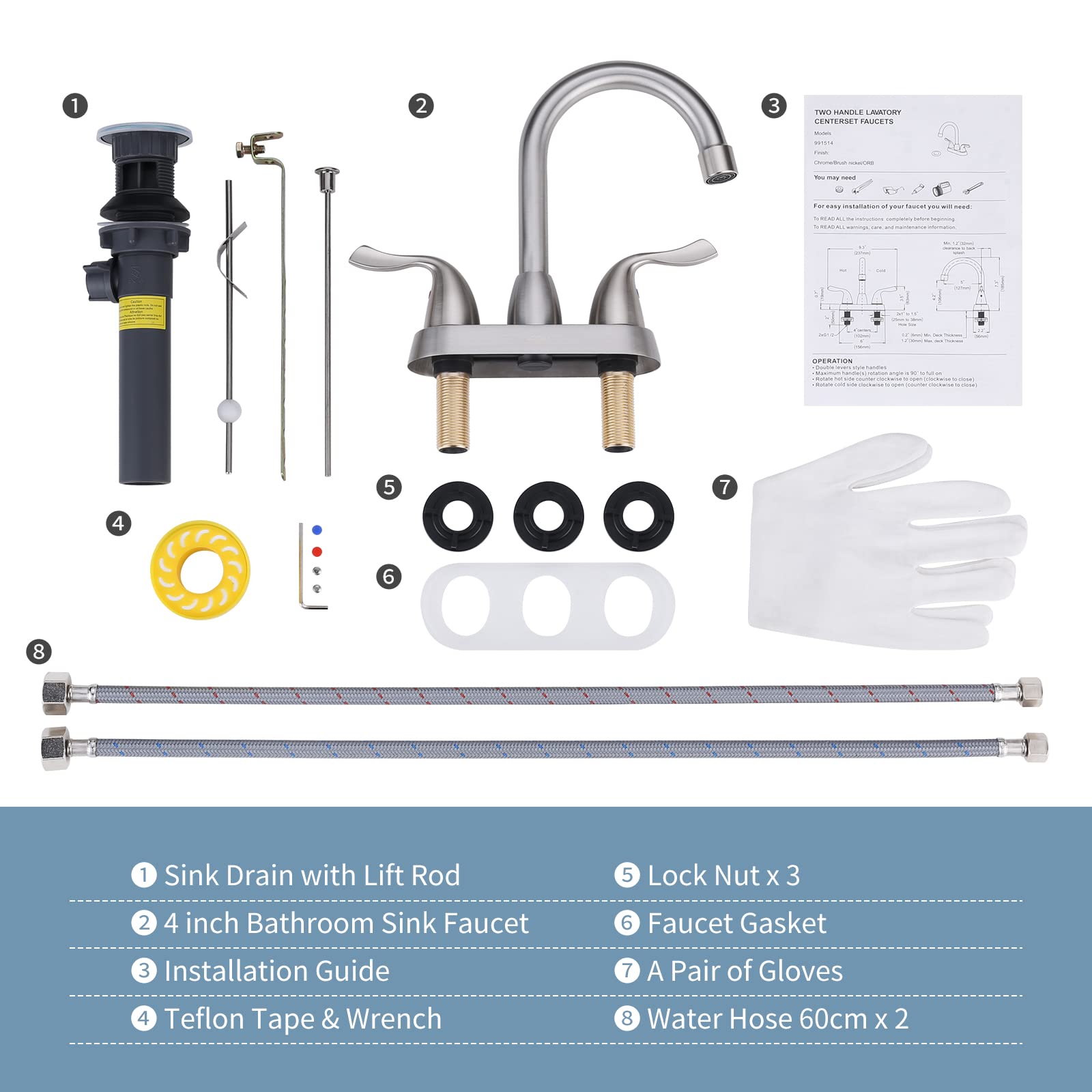 ARCORA 2 Handle Modern Bathroom Faucet Brushed Nickel, 4 Inch Centerset Bathroom Faucet with Drain Assembly and Supply Hoses, 3 Holes Faucet for Bathroom Sink