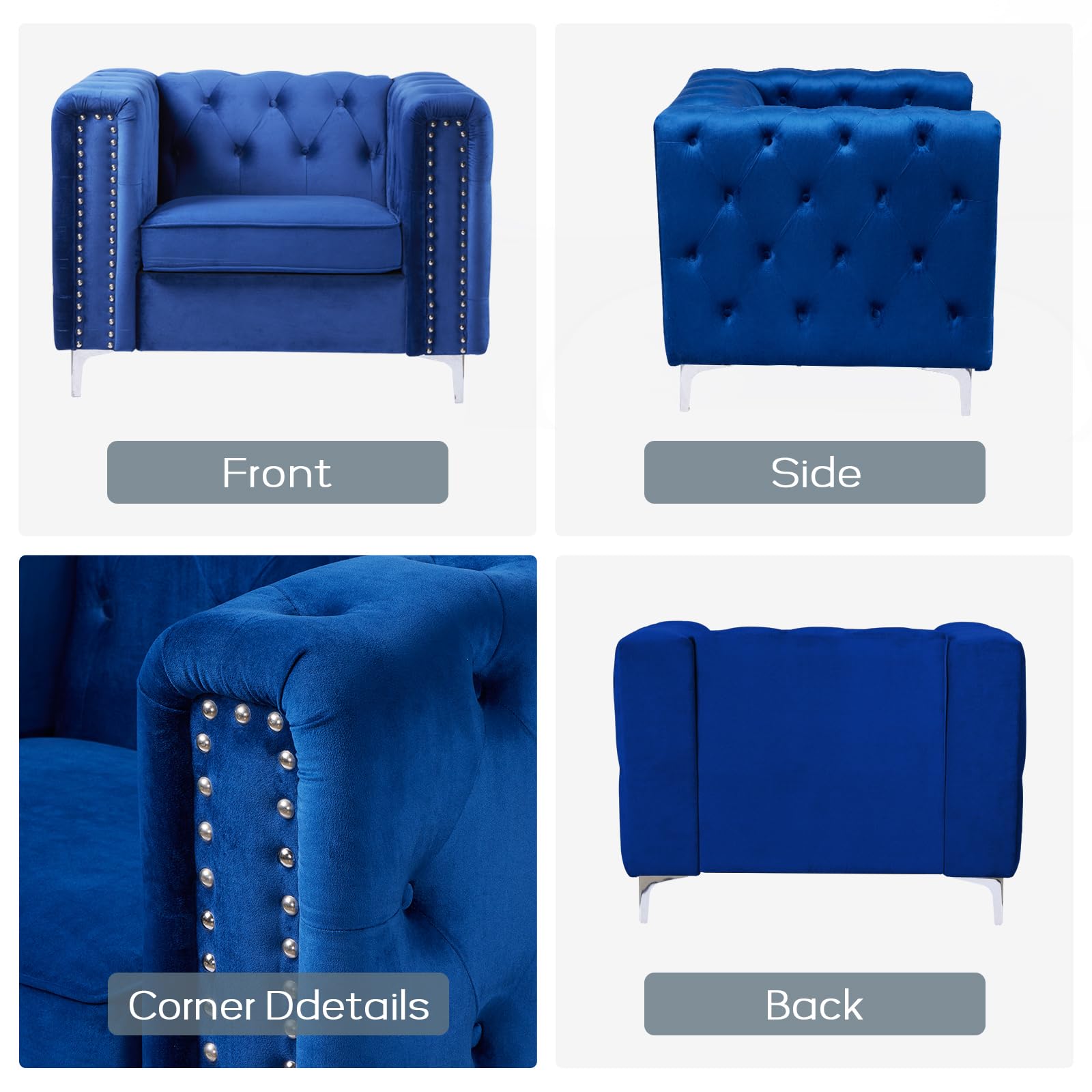 EBELLO Velvet Tufted Sofa, Modern Upholstered Mid-Century 3 Seater Couch Sofa with Thick Padded Seat Cushion and Solid Steel Feet, for Living Room, Bedroom, or Small Space, Blue