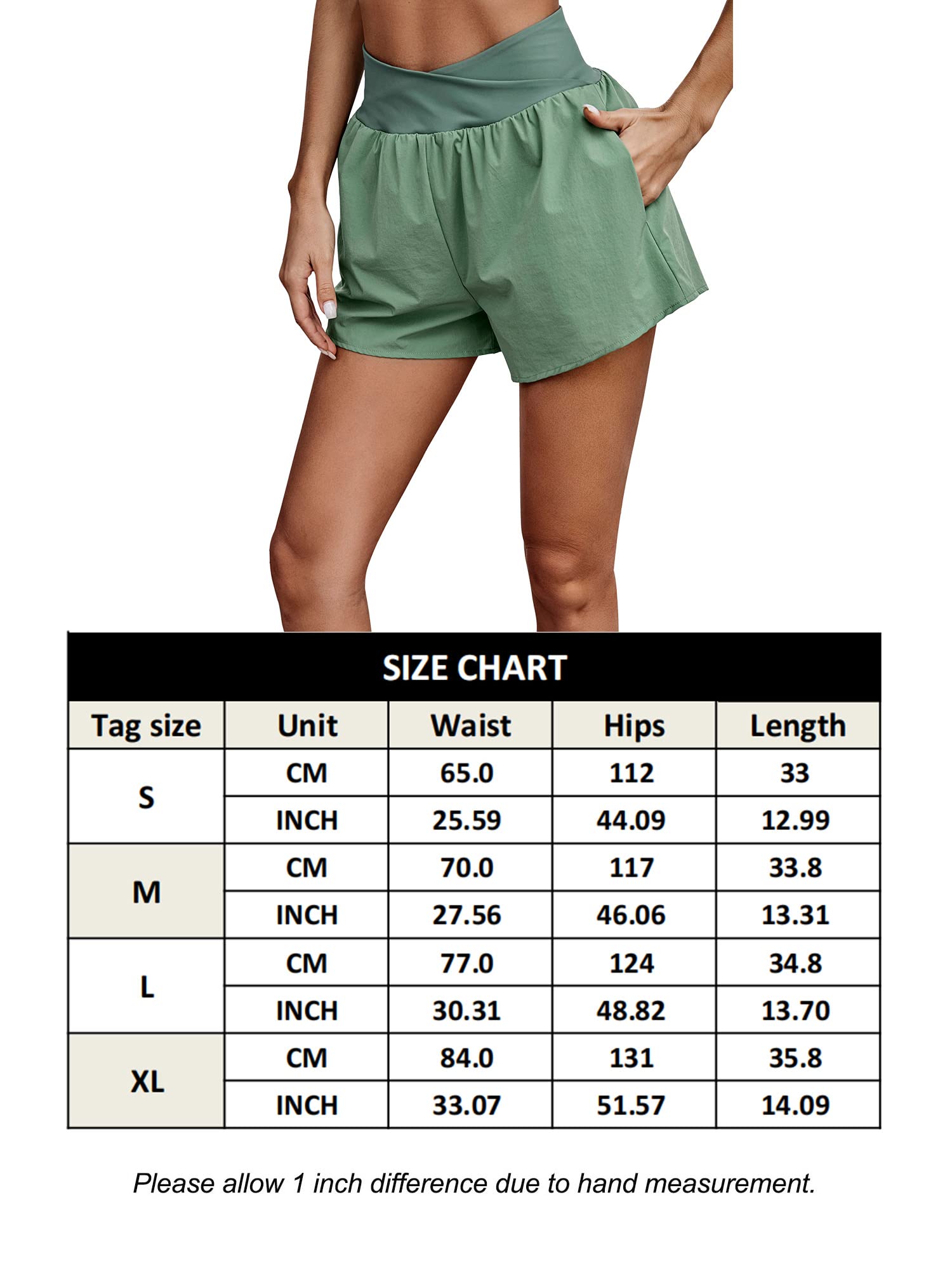 Angashion Womens Shorts, Summer Casual High Waisted Running Shorts Side Pockets Athletic Shorts with Liner for Workout Gym Green Large