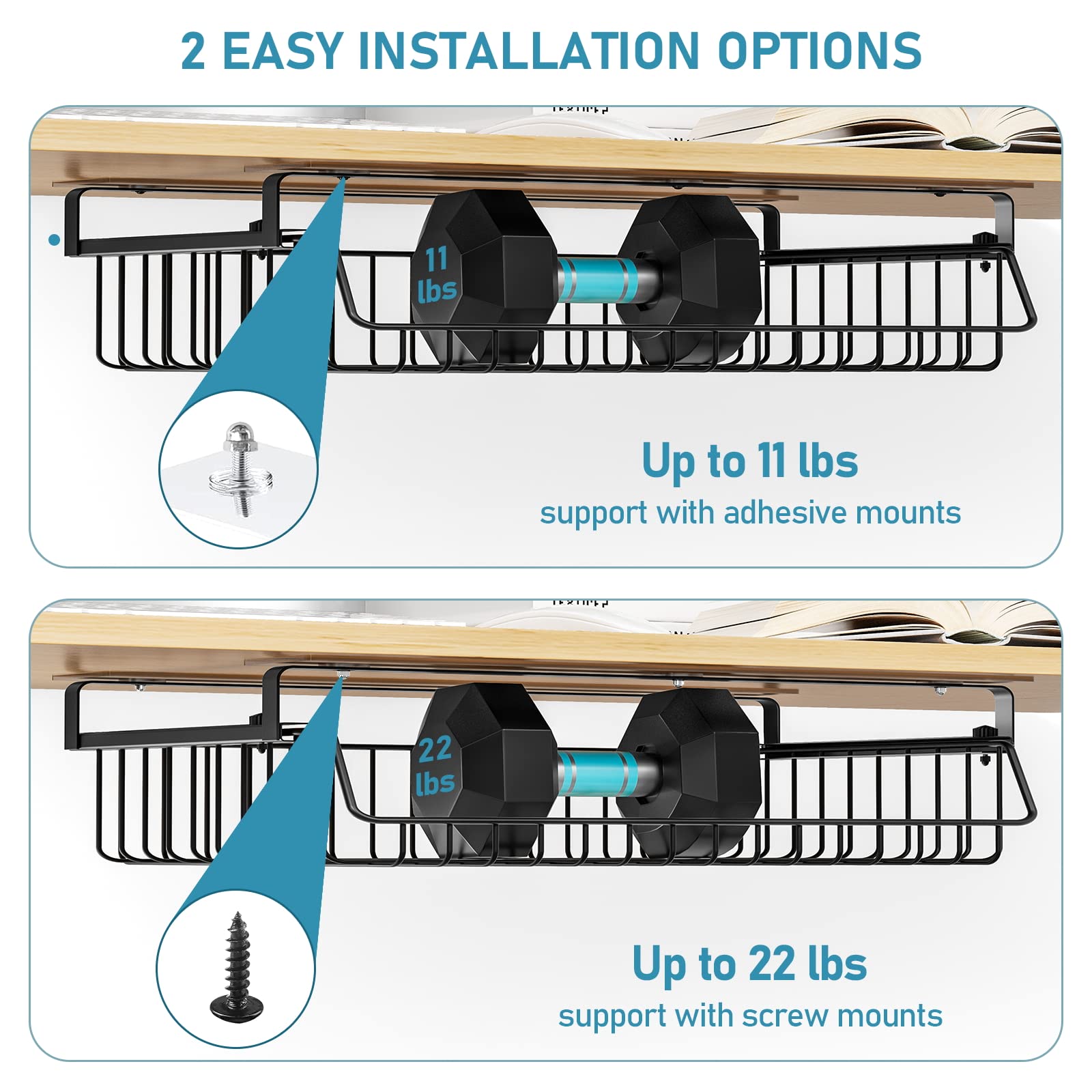 ADWOLT Under Desk Storage Shelf Drawer 1 Pack No Drill Metal Table Cable Basket Drawer Slide Out for Storing Extension Cords,Set Top Box,Under Desk Cable Management Organizer Rack for Home