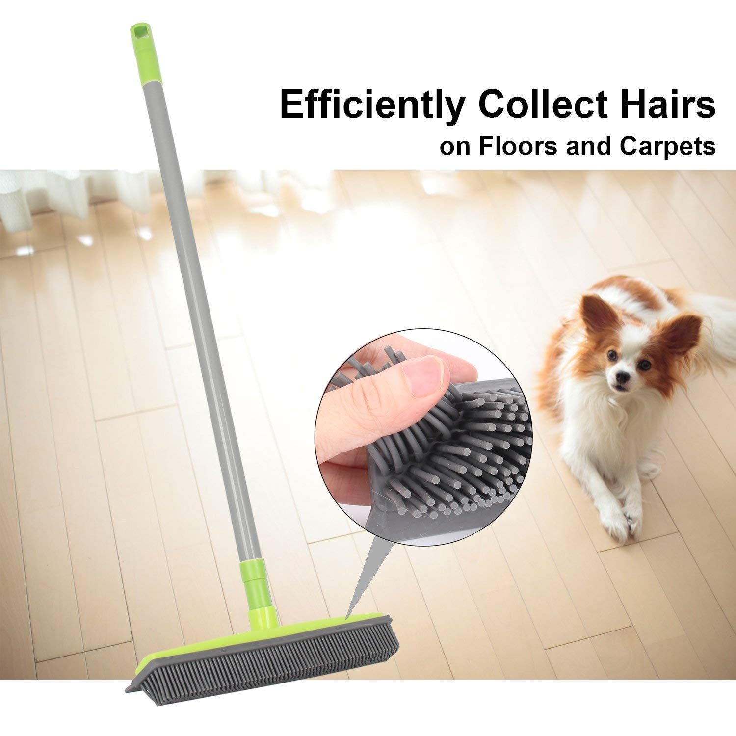 Affogato Iamagie Push Broom Long Handle Rubber Bristles Sweeper Squeegee Edge 59 inches Non Scratch Bristle Broom for Pet Cat Dog Hair Carpet Hardwood Tile Windows Clean Water Resistant