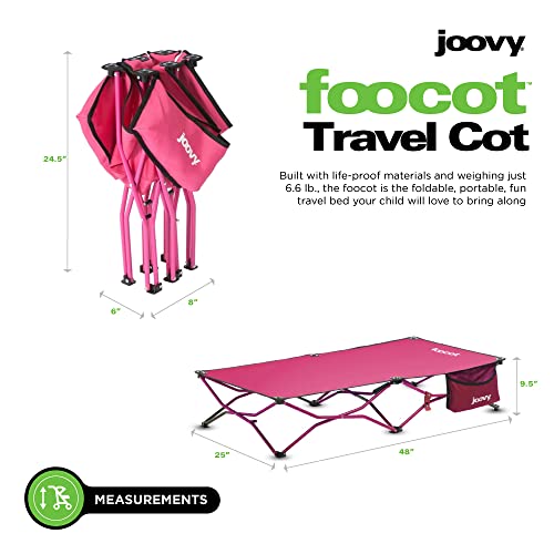 Joovy Foocot Travel Cot Featuring a Steel Frame and Tough Polyester Fabric, Storage Pocket, and Easily Folds into Included Travel Bag β Holds Kids Up to 48β Tall or 75 Lbs (Pink)
