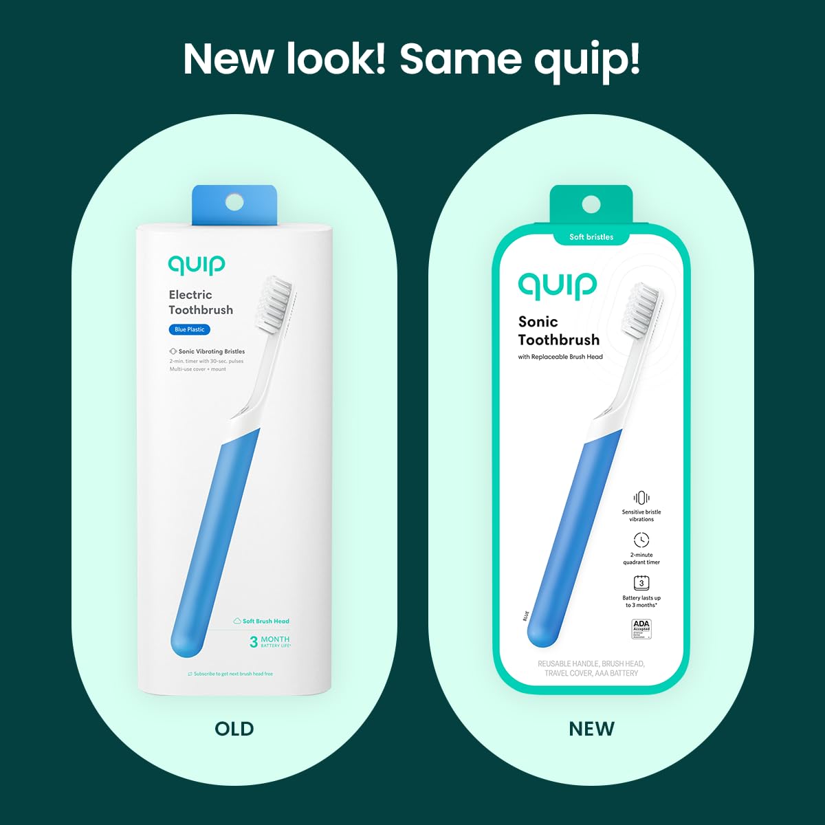 Quip Sonic Toothbrush for Adults - Timed Electric Toothbrush with Cover - Replaceable Brush Head, Soft Bristles, Plastic Handle, 3 Month Battery Life - Travel Toothbrush - Blue
