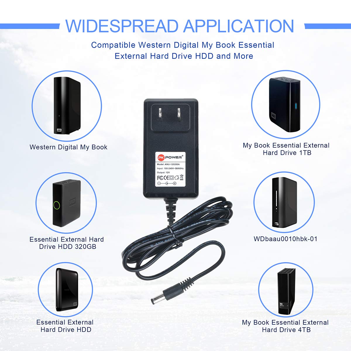 PK Power 12V AC Adapter for Hard Drive HDD 2TB 4TB 1TB 3TB My Book Essential External and More with 6.6FT Power Supply Cord