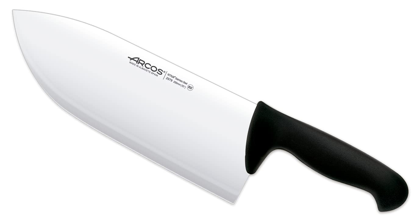 ARCOS Butcher Knife 10 Inch Nitrum Stainless Steel and 255 mm blade. Ergonomic Polypropylene Handle. Series 2900. Features different handle colors to make it easier for each food group. Color Black.