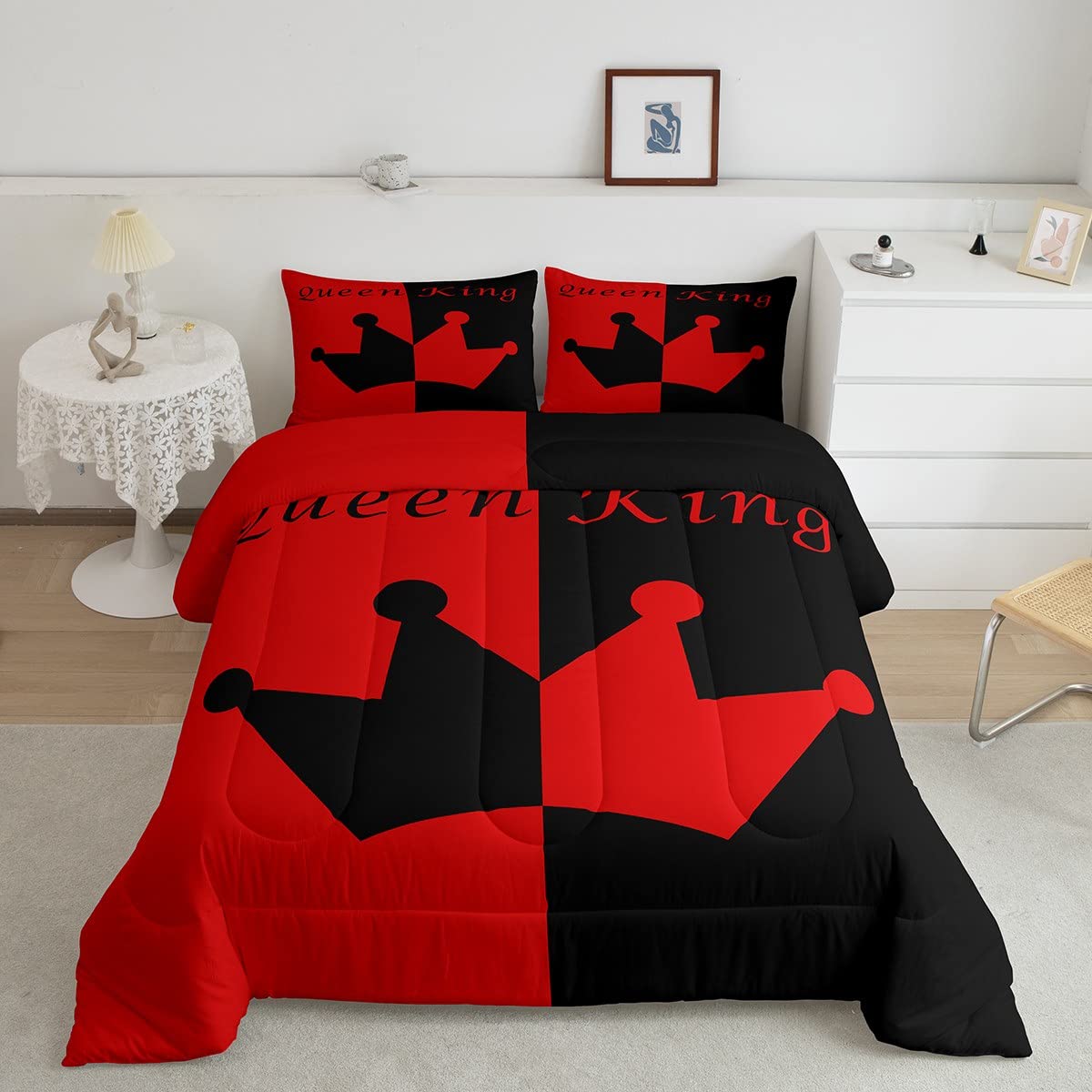 Crown Queen And King Comforter Soft Quilt Set,His And Hers Matching Couple Bedding Set for Girls Boys Teens, Romantic Valentine'S Day Black And Red Comforter Set Bedroom Collection 3Pcs King Size