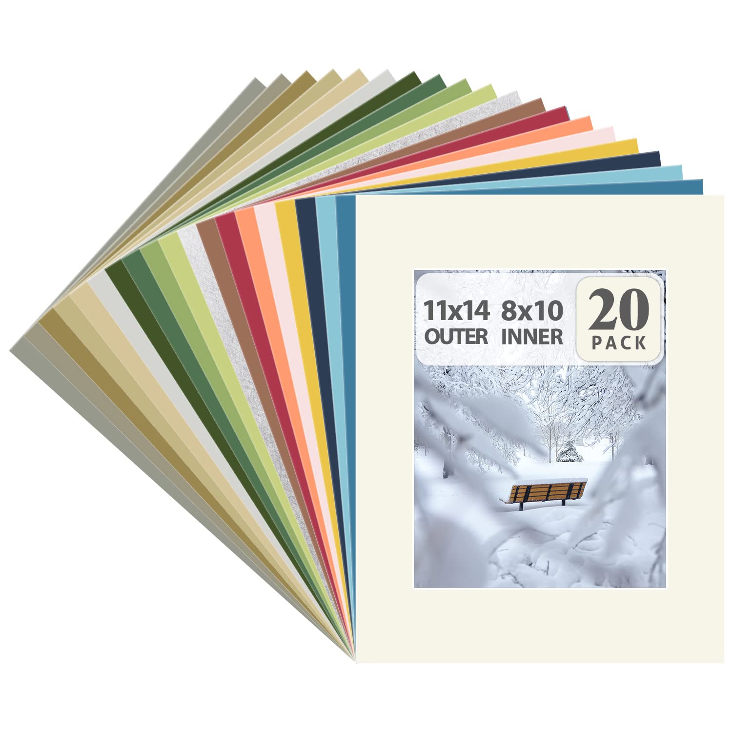 Golden State Art, Pack of 20 Mixed Colors 11x14 Picture Mats Matting with White Core Bevel Cut for 8x10 Pictures