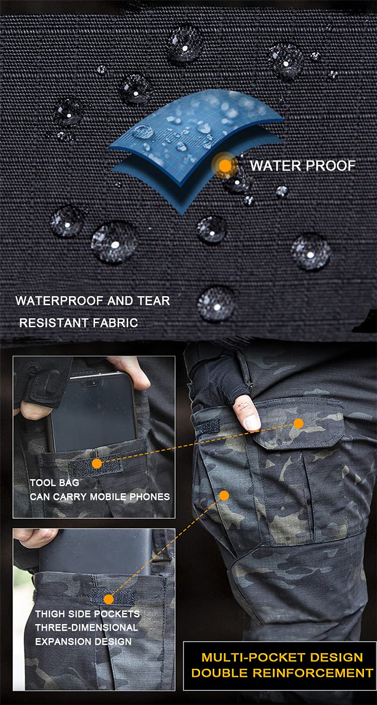 AKARMY Men's Hiking Pants, Camo Cargo Pants, Lightweight Work Pants Outdoor Travel Casual Pants with Multi-Pocket G4WF Black 36