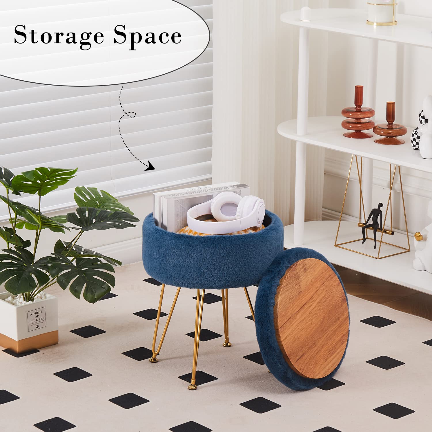Cplxroc Footrest Footstools Round Faux Fur Ottoman with Storage Space Soft Vanity Chair Seat Coffee Table Ottoman Small Side Table Metal Legs with Adjustable Footings