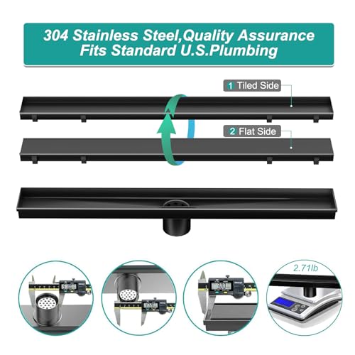 BARONAGE 24-Inch Linear Shower Drain, with 2-in-1 Flat & Tile, Insert Cover Black Brushed 304 Stainless Steel Rectangle Shower Floor Drain Adjustable