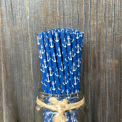 Anchor Nautical Themed Paper Straws - Navy Blue White - 50 Pack