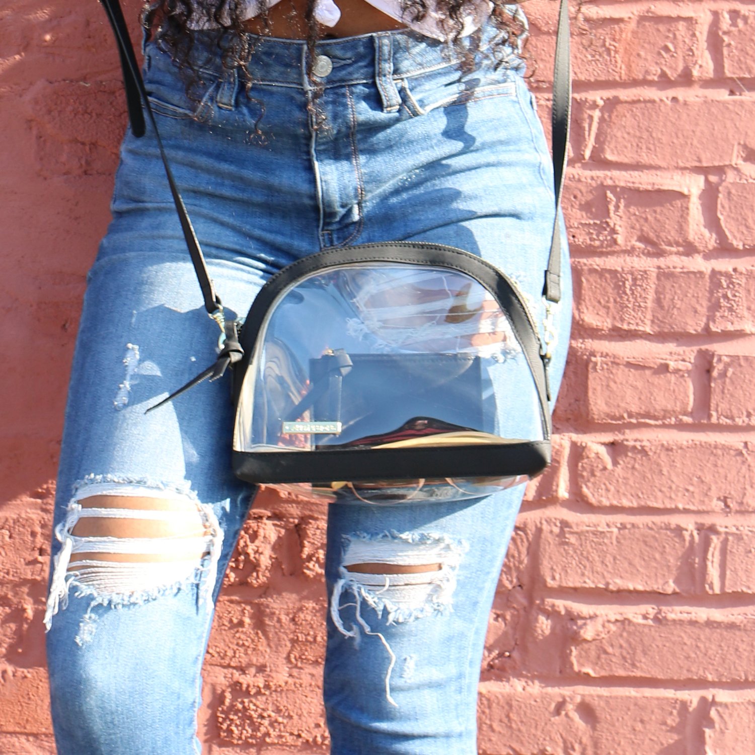 Capri Designs Half Moon Crossbody Clear Purse Removable Strap Black