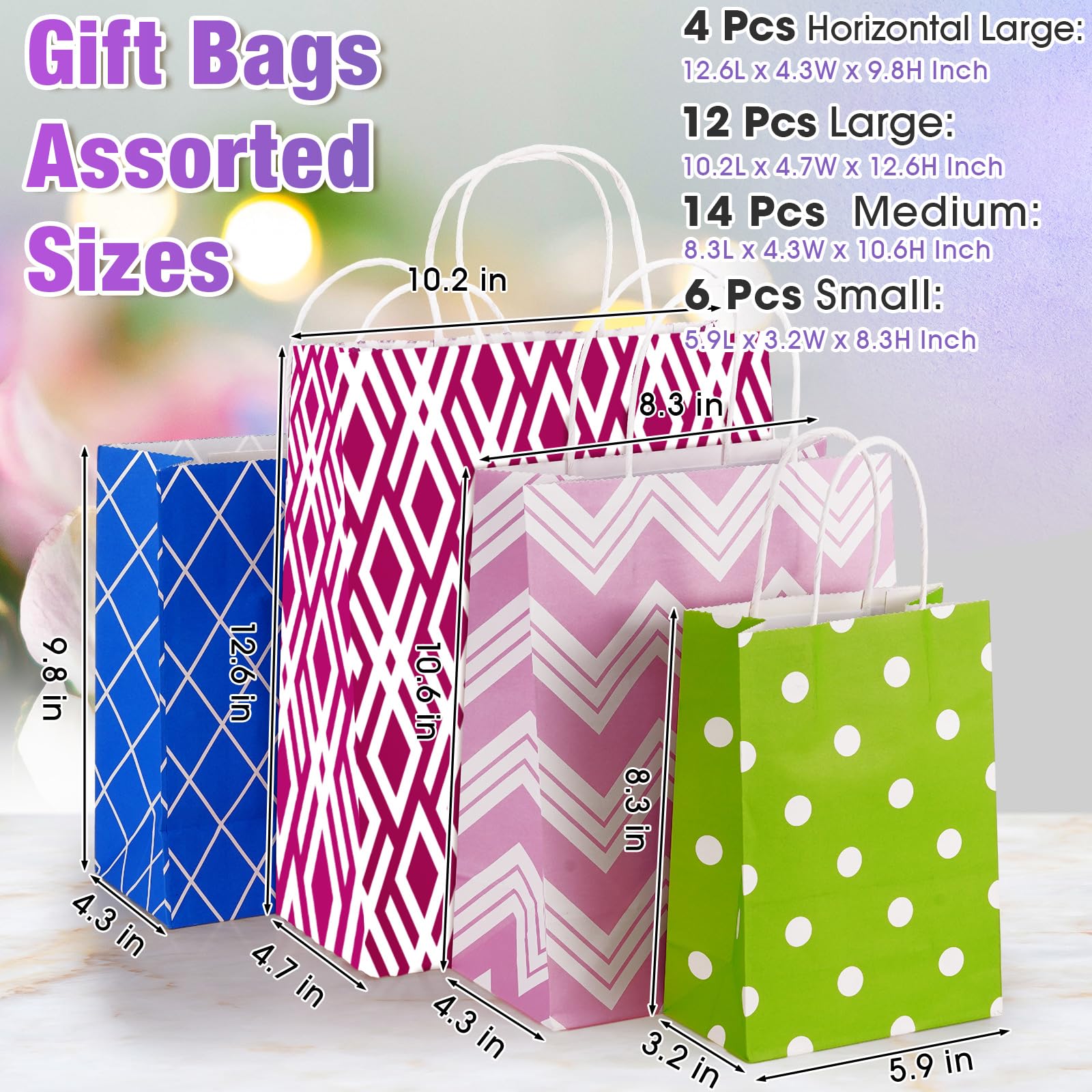 Kosiz 36 Pcs Assorted Sizes Gift Bags Bulk Gift Bag Assortment Different Sizes Birthday Goodie Paper Party Favor Gift Bag for Christmas Teacher Thanksgiving, Etc 8.3" Small, 10.2" Medium, 12.6" Large