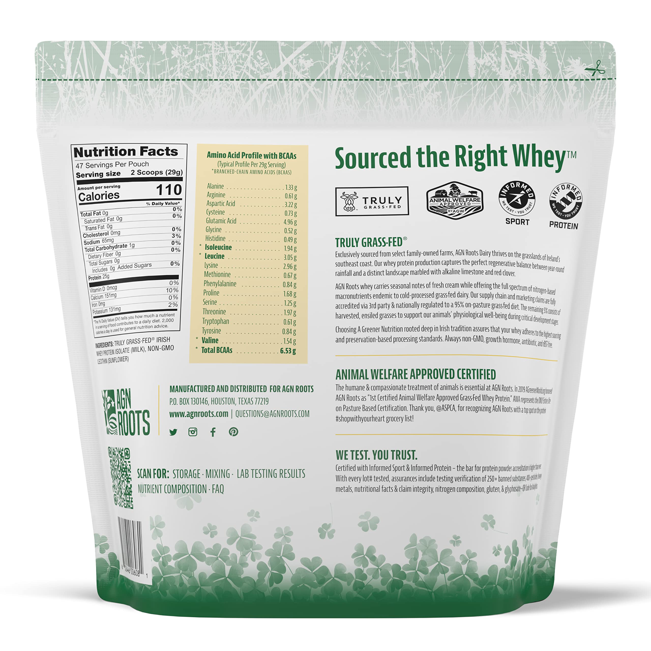 AGN Roots Grass Fed Whey Protein Powder Isolate - Unflavored - Unsweetened - Certified Entire Life On Pasture by A Greener World - ASPCA Registered - Informed Sport - Dairy Protein 1lbs