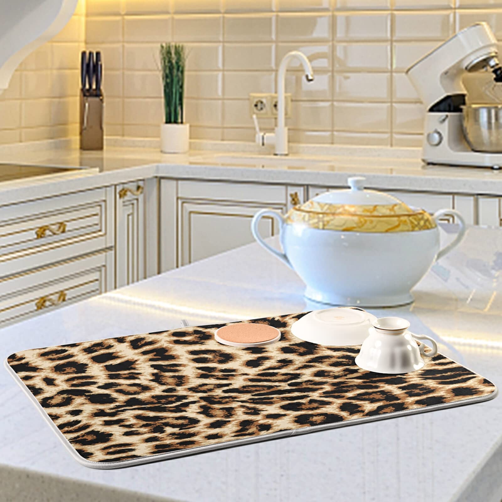 Aflyko Dish Drying Mat Leopard Print Animal Microfiber Absorbent Drying Pad Heat Resistant Kitchen Island Protector Seasonal Gift 16" × 18"